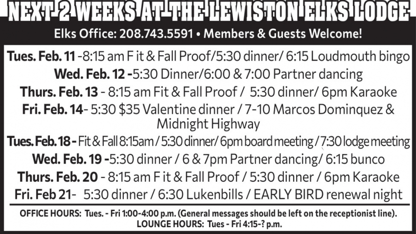 Next 2 Weeks at the Lewiston Elks Lodge, Lewiston Elks Lodge #896 ...